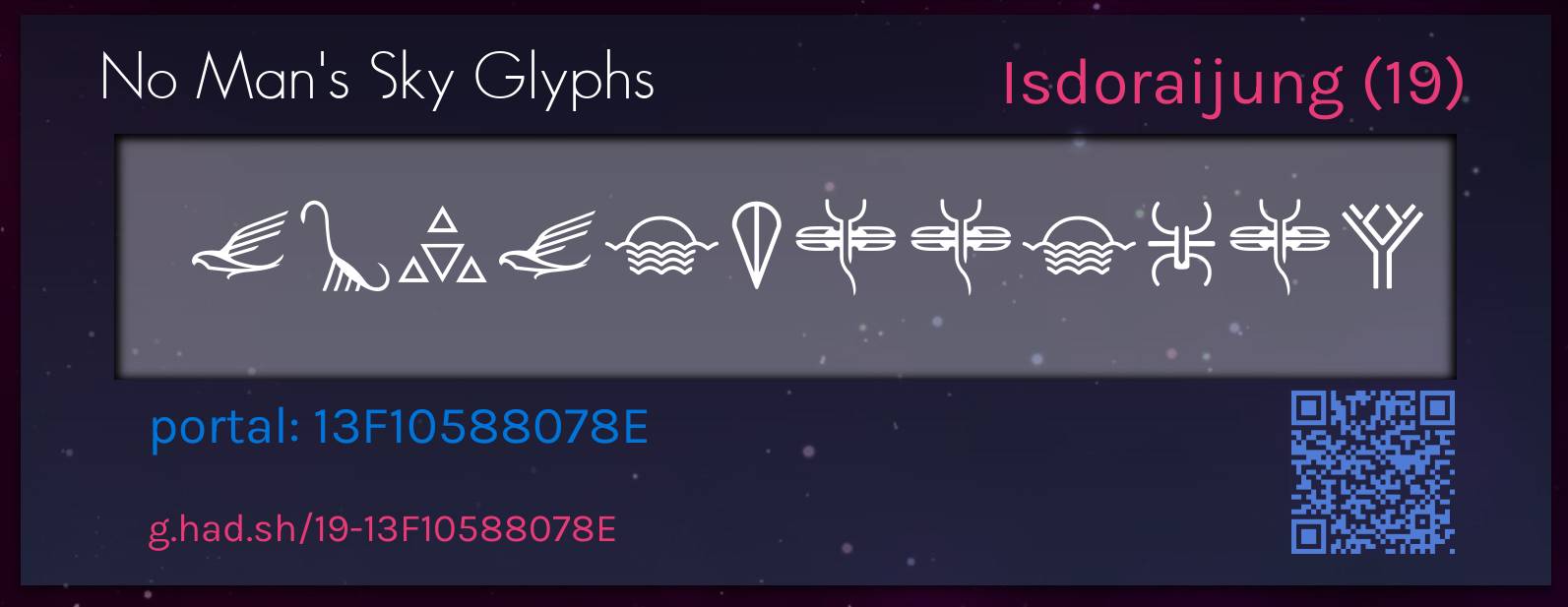 NMS Portal 13F10588078E in Galaxy 19 | No Man's Sky Glyphs